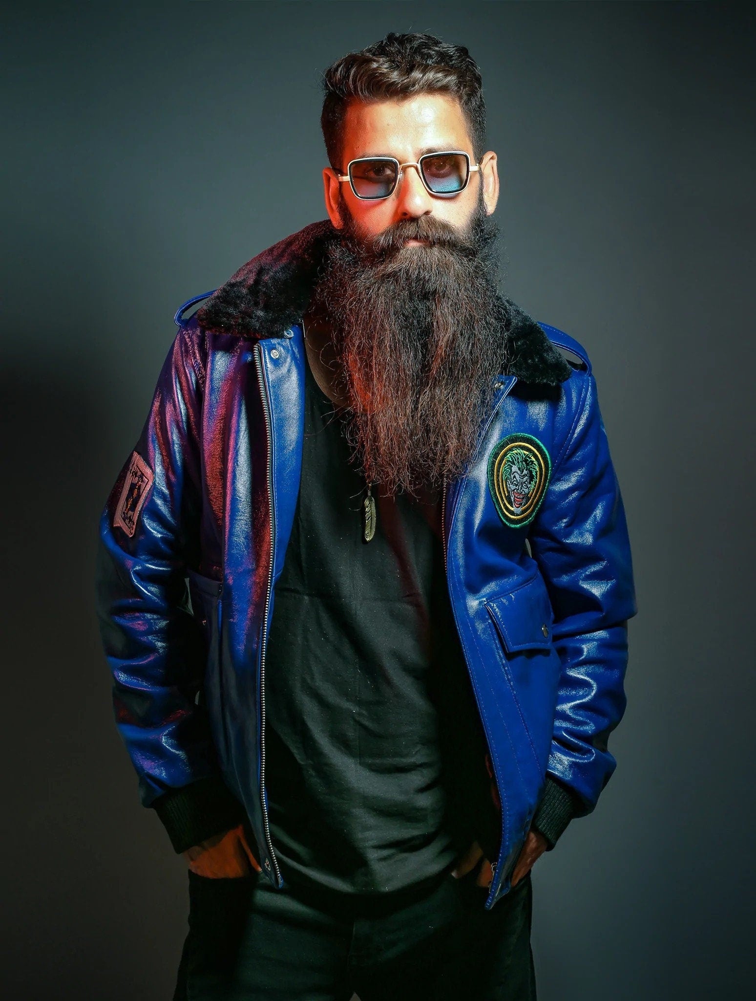 Men's Goon Clown Prince of Crime Blue Bomber Leather Jacket Henchman J